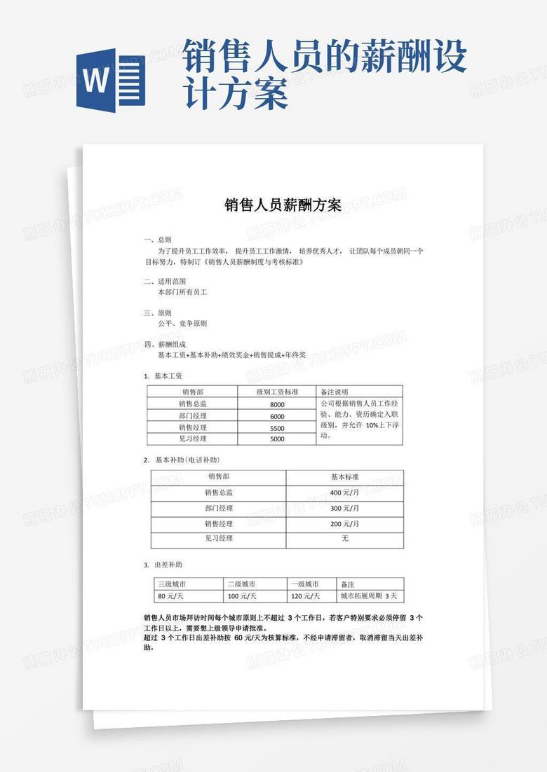 销售人员薪酬方案Word模板下载 编号qyvpnxkl 熊猫办公