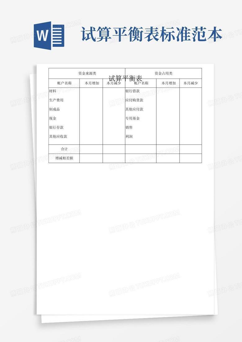 试算平衡表标准范本Word模板下载 编号qwnyzprn 熊猫办公