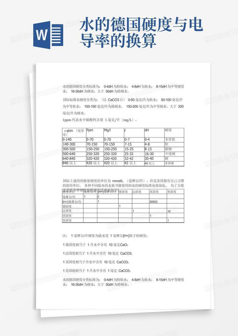 水的德国硬度与电导率的换算Word模板下载 编号qbnbjbwr 熊猫办公