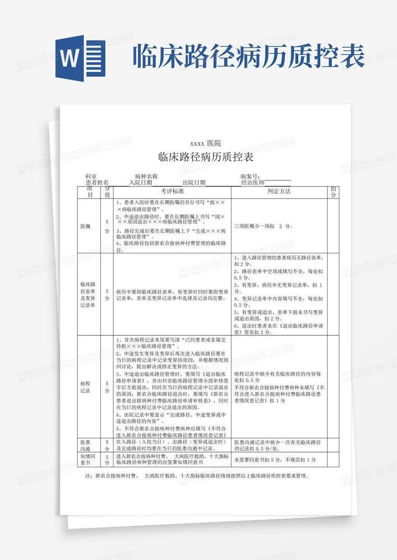 临床路径病历质控表Word模板下载 编号qnokbemn 熊猫办公