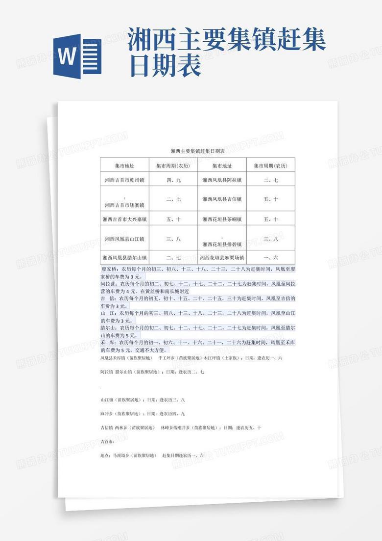 湘西主要集镇赶集日期表Word模板下载 编号lknzbvaj 熊猫办公