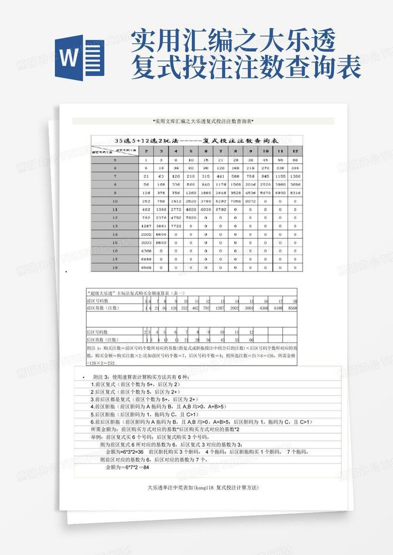 实用汇编之大乐透复式投注注数查询表Word模板下载 编号qrkexbbn 熊猫办公