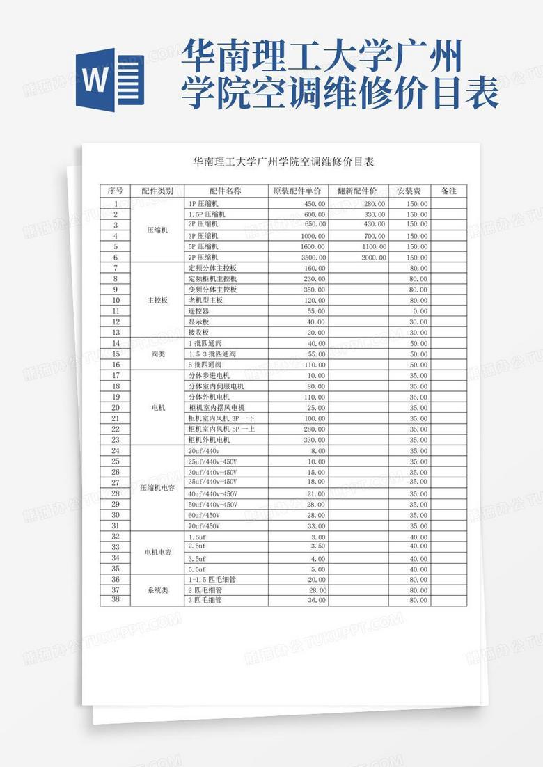 华南理工大学广州学院空调维修价目表Word模板下载 编号lypngkme 熊猫办公