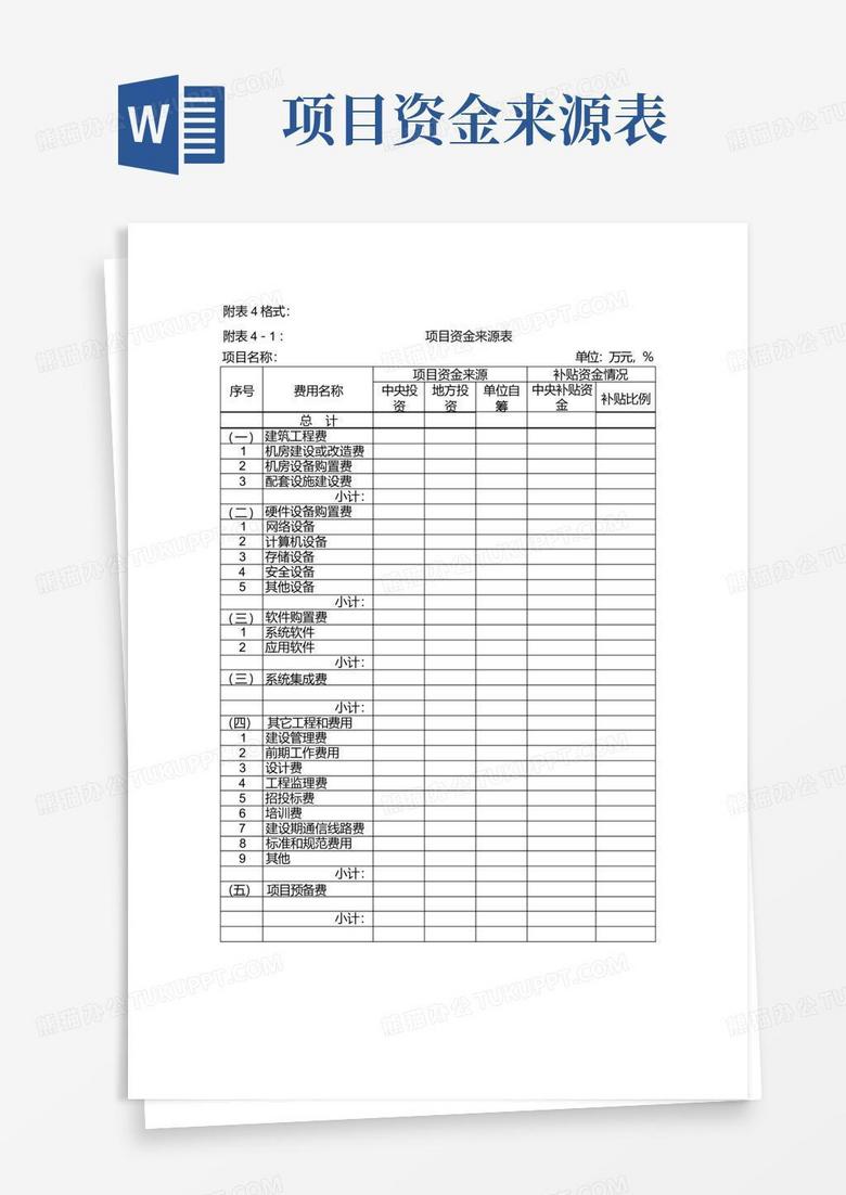 项目资金来源表Word模板下载 编号qpdzawpo 熊猫办公
