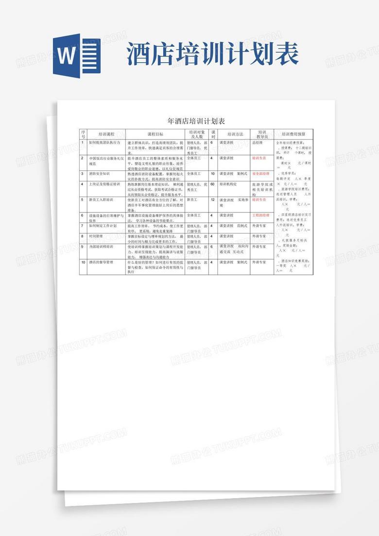 酒店培训计划表 Word模板下载 编号lypnveve 熊猫办公