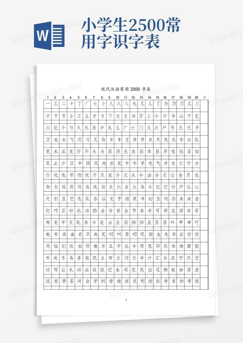 小学生 2500常用字识字表Word模板下载 编号lejoyxpr 熊猫办公