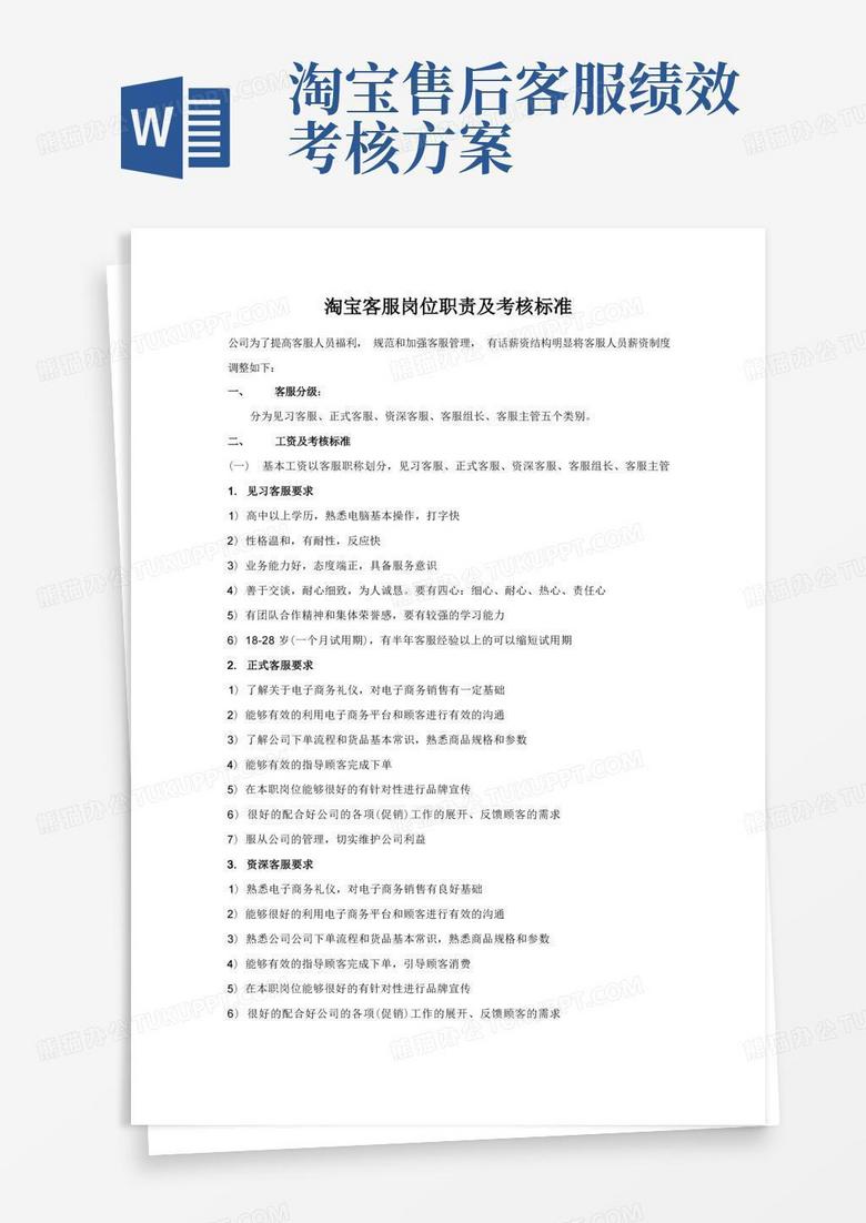 淘宝客服岗位职责及考核标准Word模板下载 熊猫办公