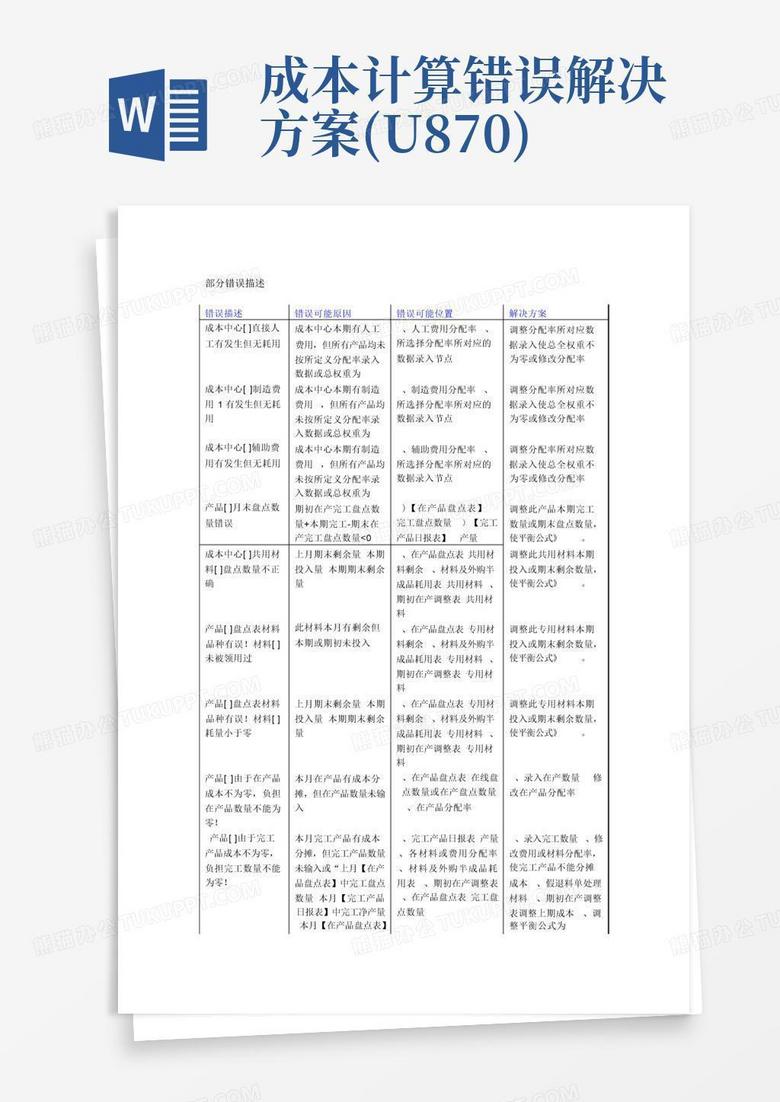 成本计算错误解决方案 u870 Word模板下载 编号lanyroyj 熊猫办公