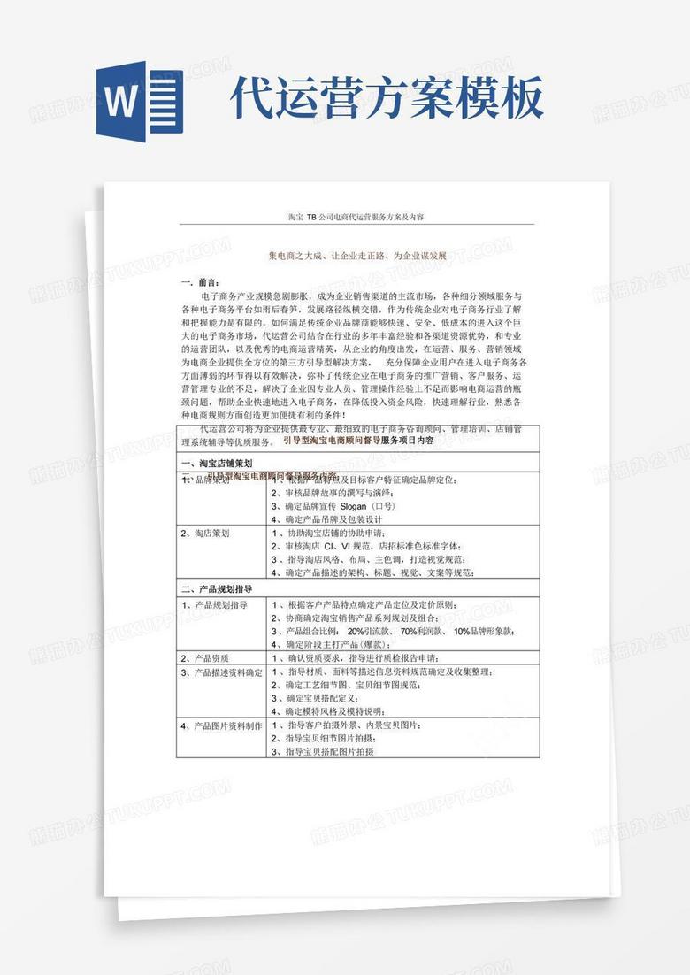 淘宝tb公司电商代运营服务方案及内容Word模板下载 编号lvgabmaq 熊猫办公