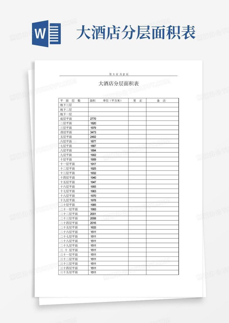 大酒店分层面积表Word模板下载 编号qzjpxjvv 熊猫办公