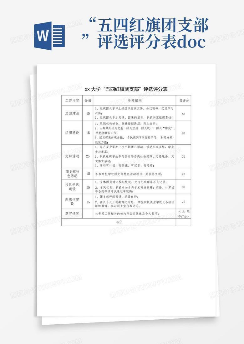 五四红旗团支部评选评分表 docWord模板下载 编号lrkamdoj 熊猫办公