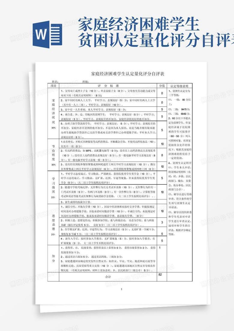 家庭经济困难学生贫困认定量化评分自评表Word模板下载 编号qozmonro 熊猫办公