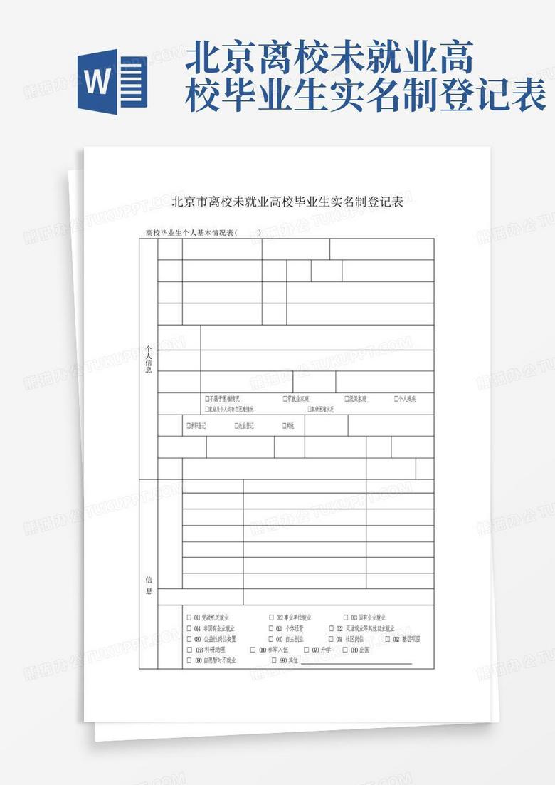 北京离校未就业高校毕业生实名制登记表Word模板下载 编号qbnzdwan 熊猫办公