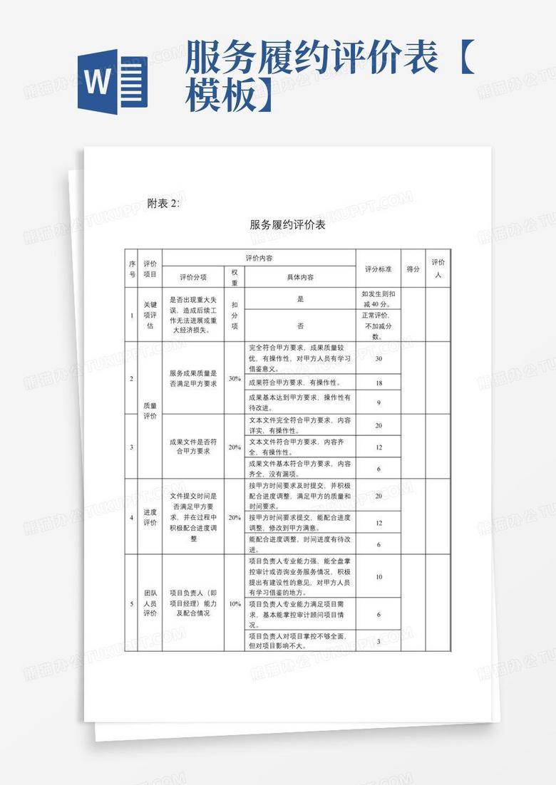 服务履约评价表Word模板下载 编号lmmkjpge 熊猫办公