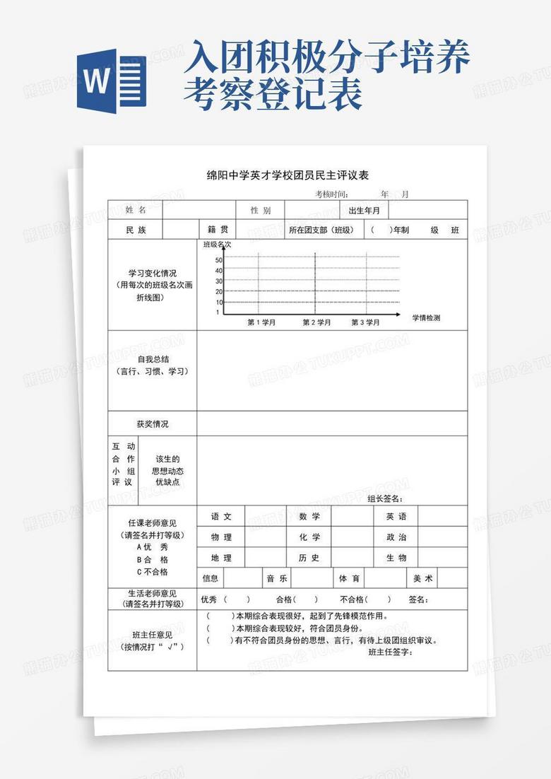 入团积极分子培养考察登记表Word模板下载 编号lzjvjmkx 熊猫办公
