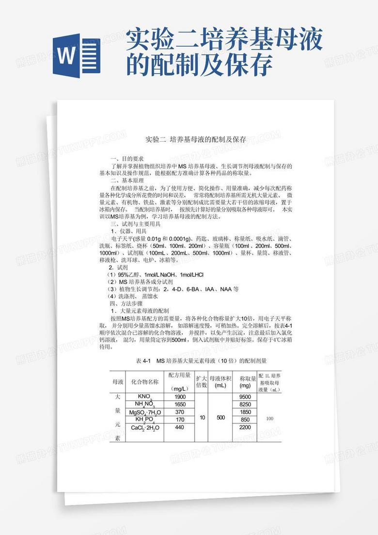 实验二培养基母液的配制及保存Word模板下载 编号qpdweeyo 熊猫办公