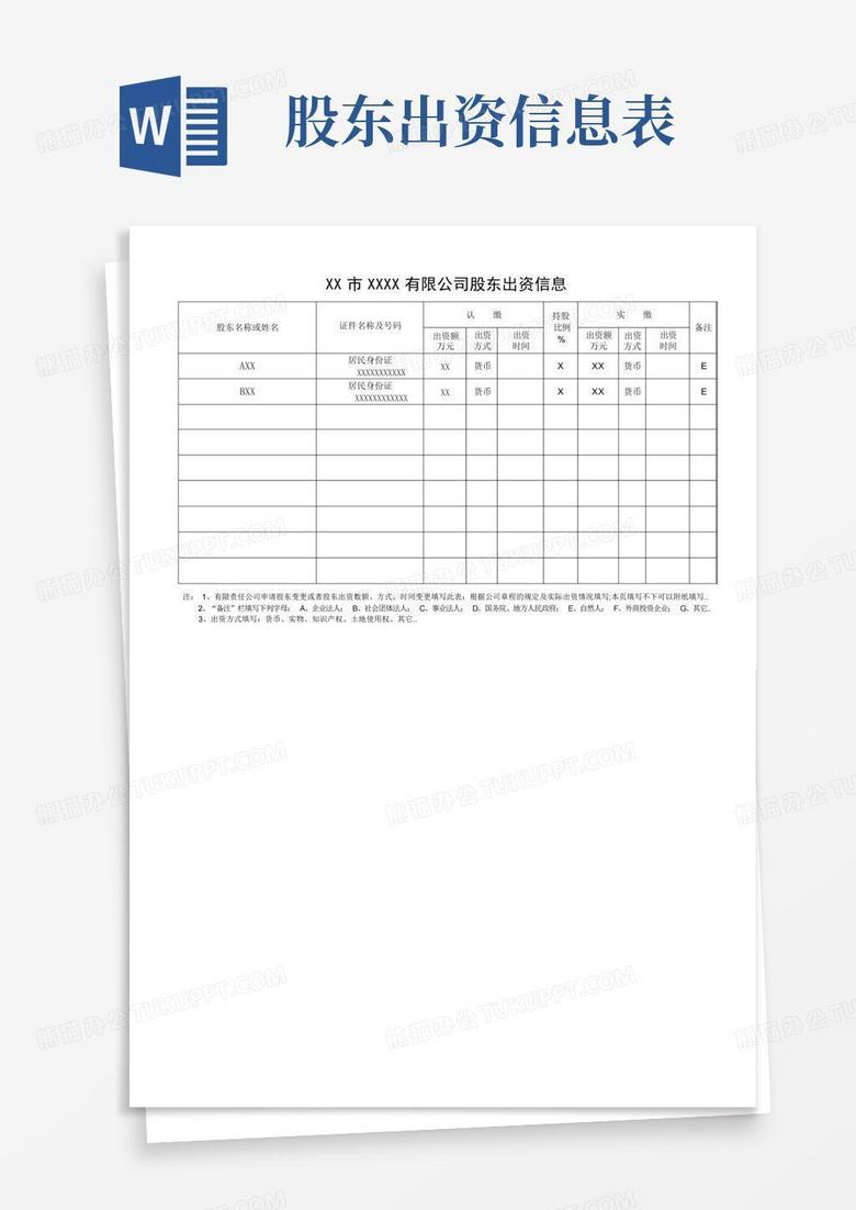 股东出资信息表Word模板下载 编号ljbeewrp 熊猫办公