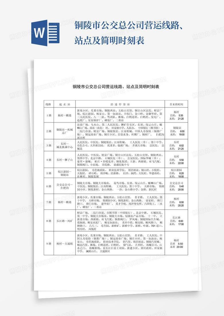 铜陵市公交总公司营运线路站点及简明时刻表Word模板下载 编号qnojpnyo 熊猫办公