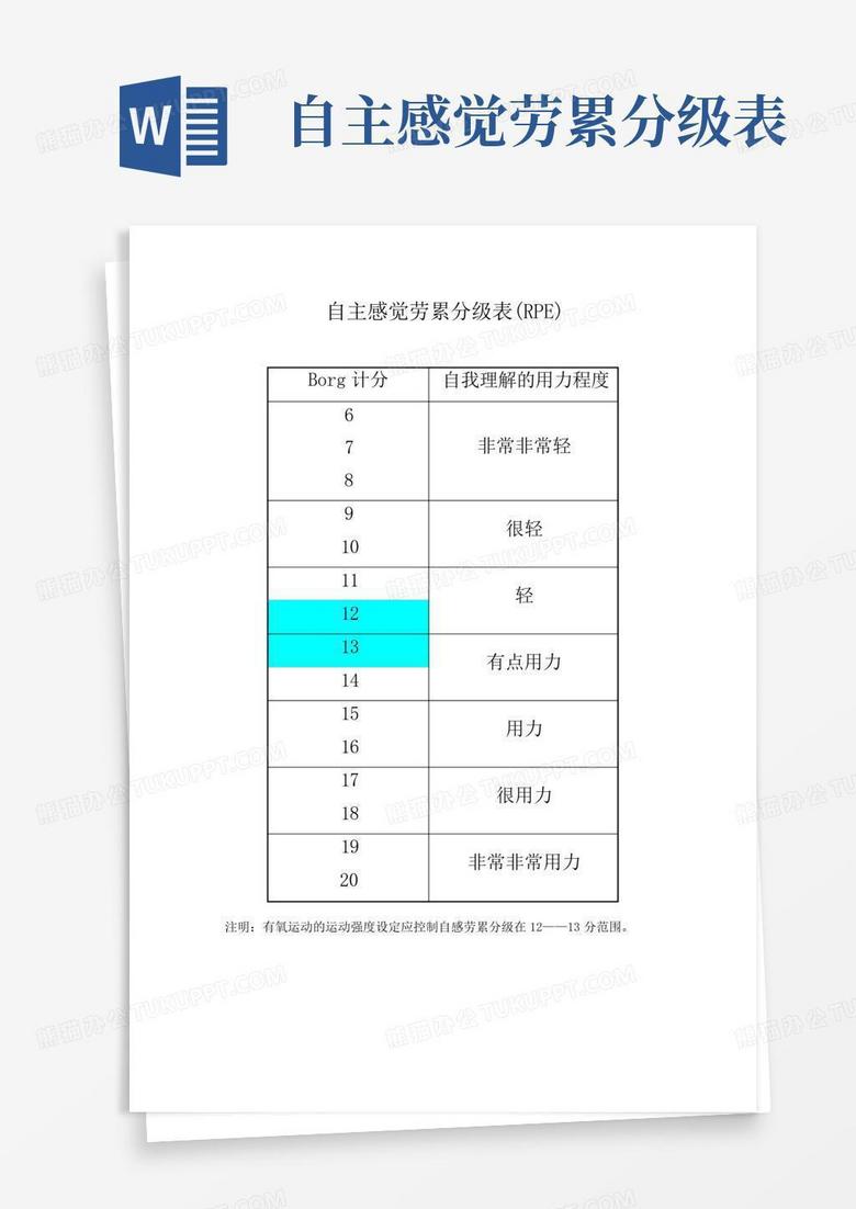 自主感觉劳累分级表Word模板下载 编号qdkzwndd 熊猫办公