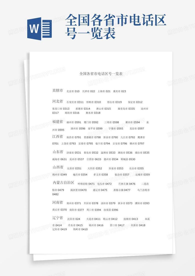 全国各省市电话区号一览表Word模板下载 编号qjbrwrnn 熊猫办公