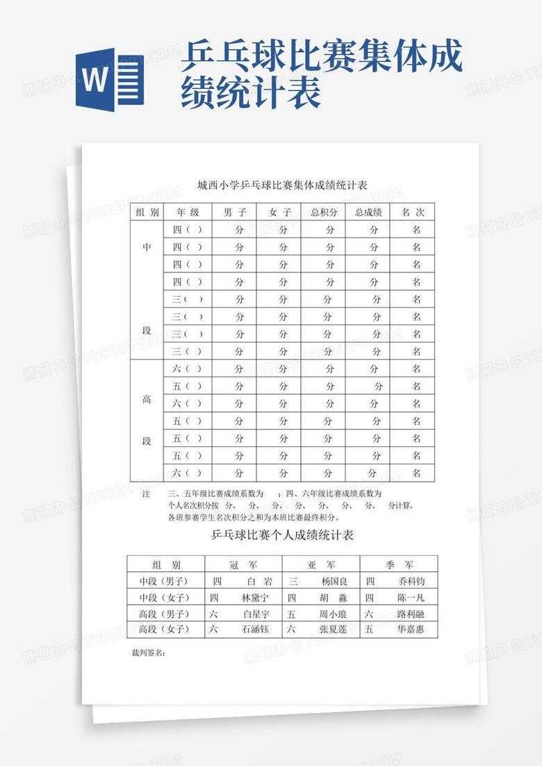 乒乓球比赛集体成绩统计表 Word模板下载 编号lzjebgnn 熊猫办公