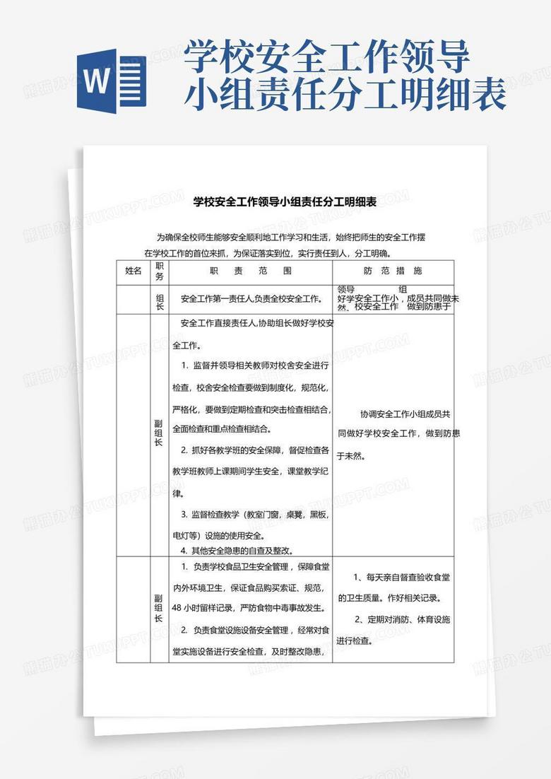 学校安全工作领导小组责任分工明细表Word模板下载 编号lmkzndgy 熊猫办公