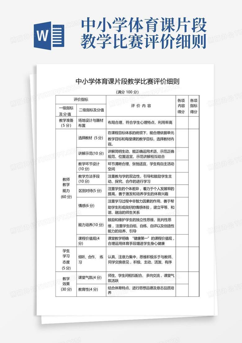 中小学体育课片段教学比赛评价细则Word模板下载 编号qjzjpbbk 熊猫办公