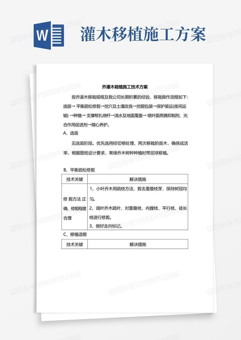 乔灌木栽植施工技术方案Word模板下载 熊猫办公