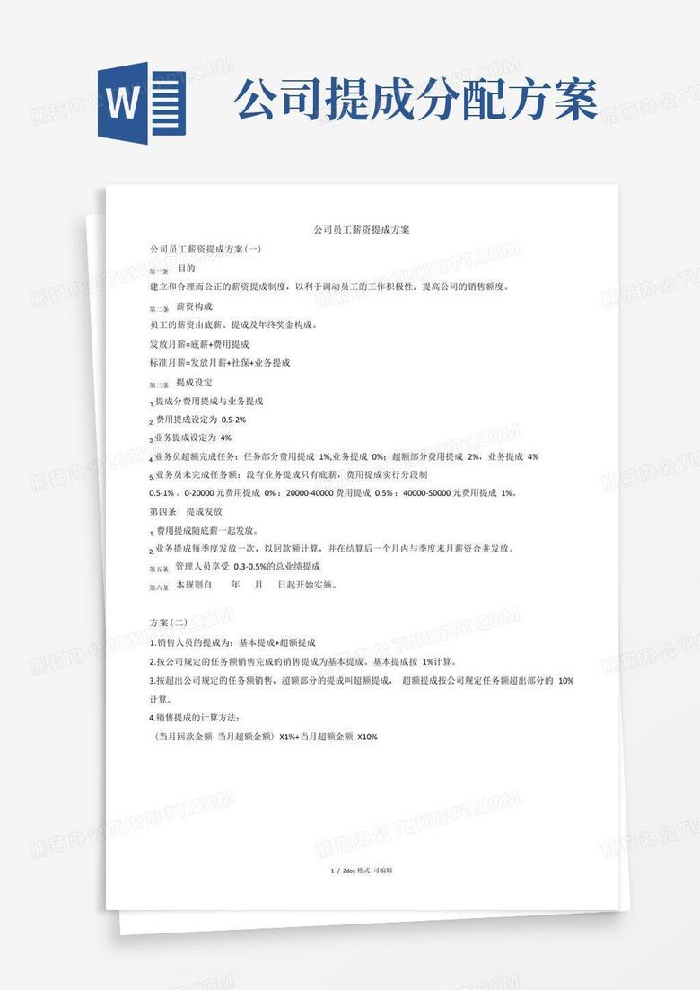 公司员工薪资提成方案Word模板下载 编号qjxdrvrq 熊猫办公