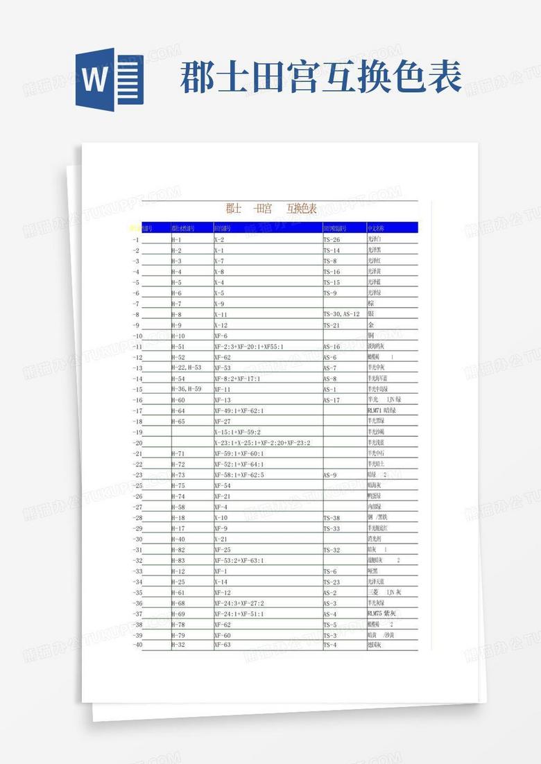 郡士 田宫互换色表Word模板下载 编号qazokpop 熊猫办公
