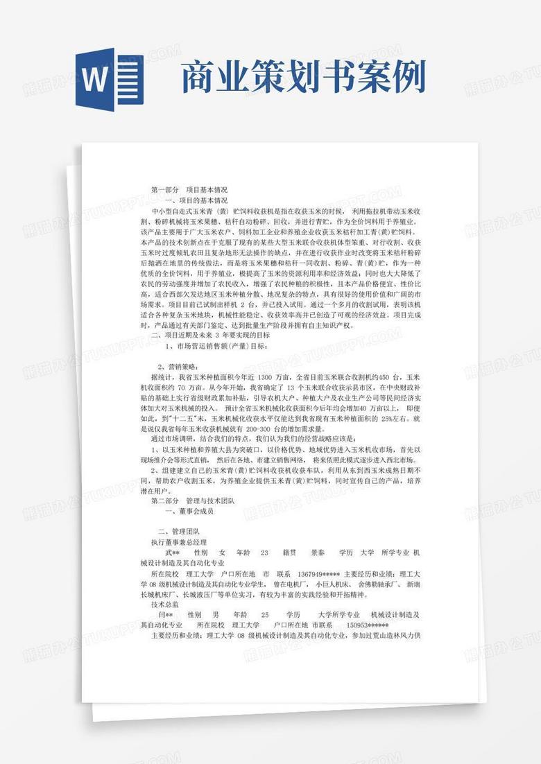 商业实施计划书案例 5000字 Word模板下载 熊猫办公