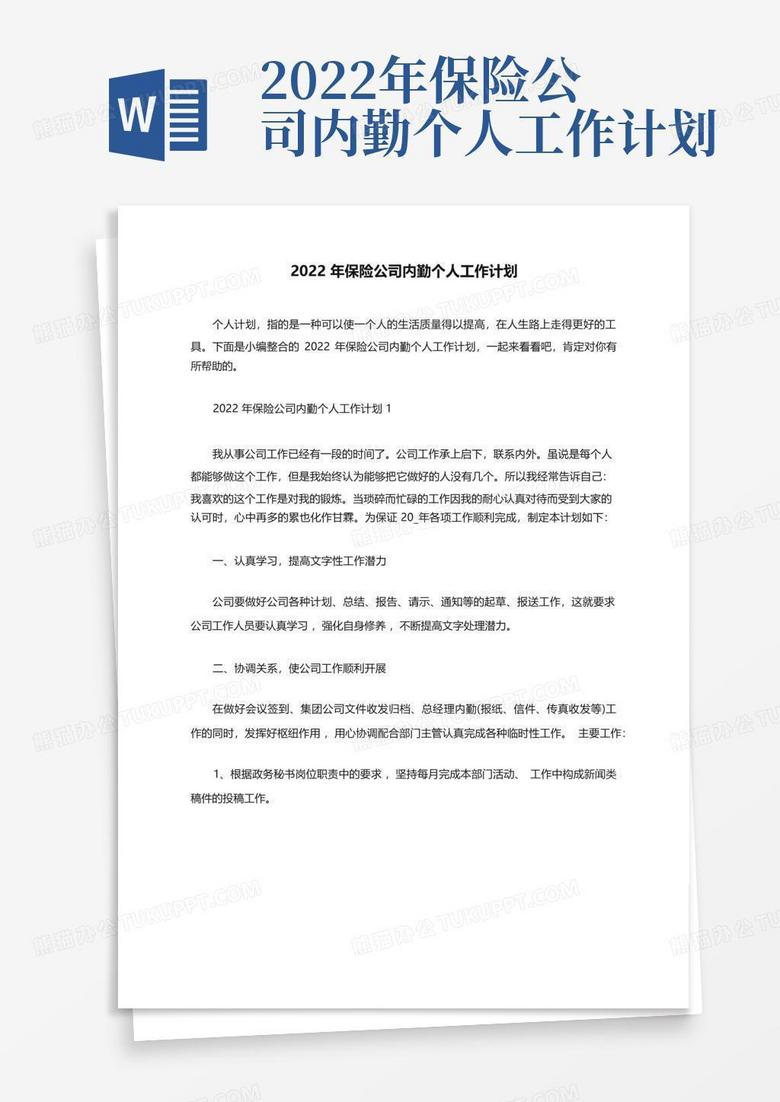 2022年保险公司内勤个人工作计划 Word模板下载 编号lazomdza 熊猫办公