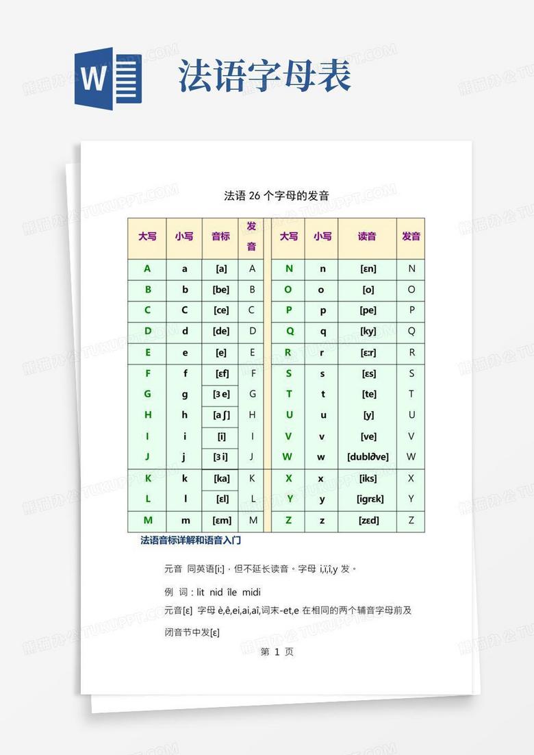 法语字母表Word模板下载 编号qjzzgkap 熊猫办公