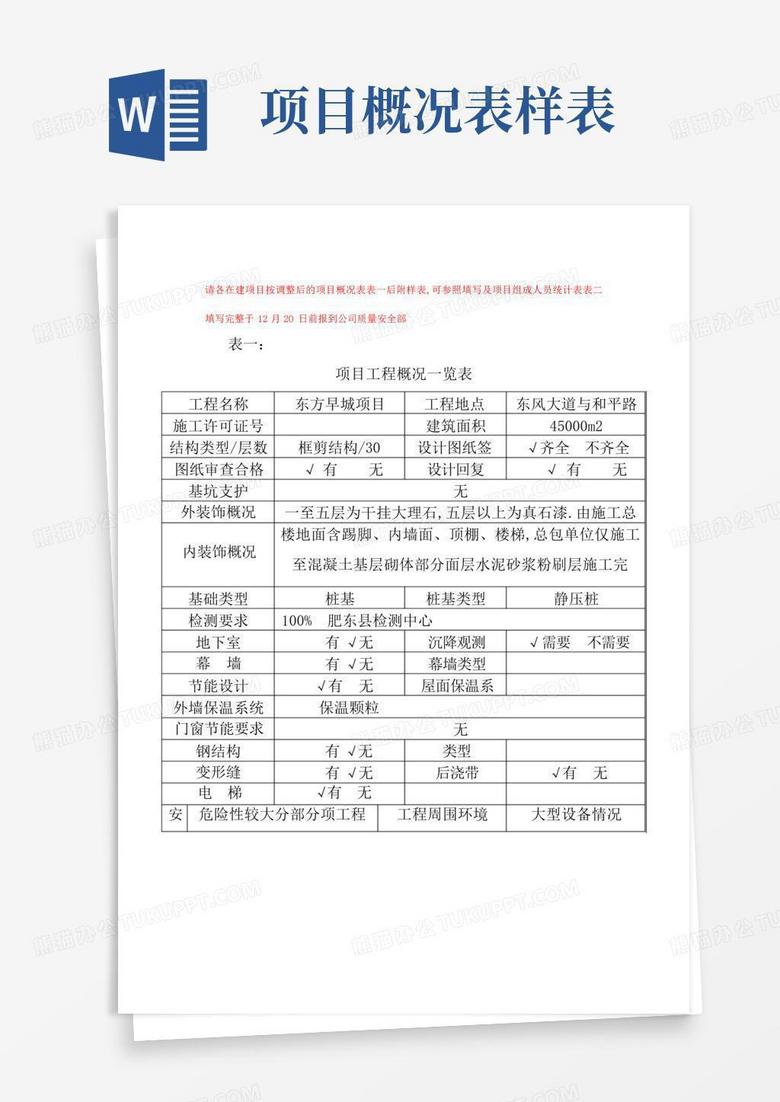 项目概况表样表Word模板下载 编号qdbwpjgk 熊猫办公