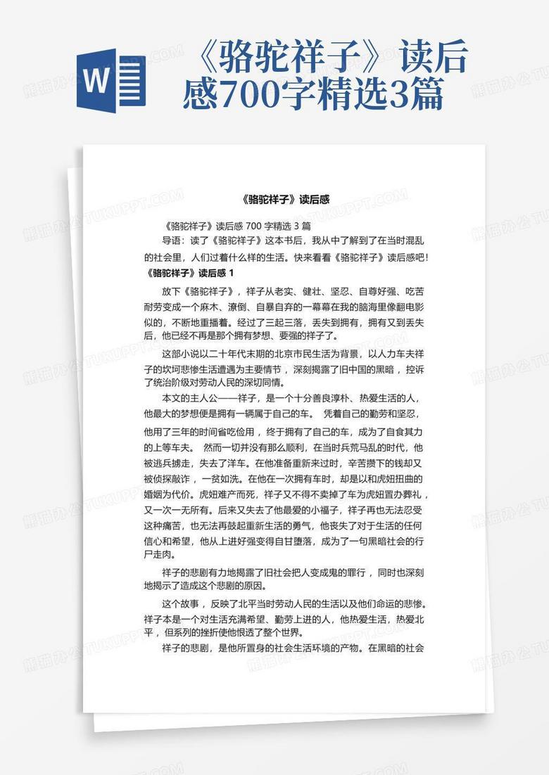 骆驼祥子读后感700字精选3篇 Word模板下载 编号lpwdmppz 熊猫办公