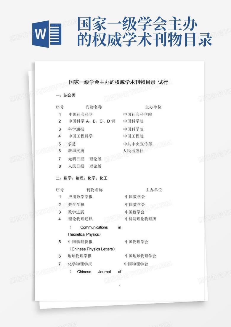 国家一级学会主办的权威学术刊物目录Word模板下载 编号lkdnaaer 熊猫办公
