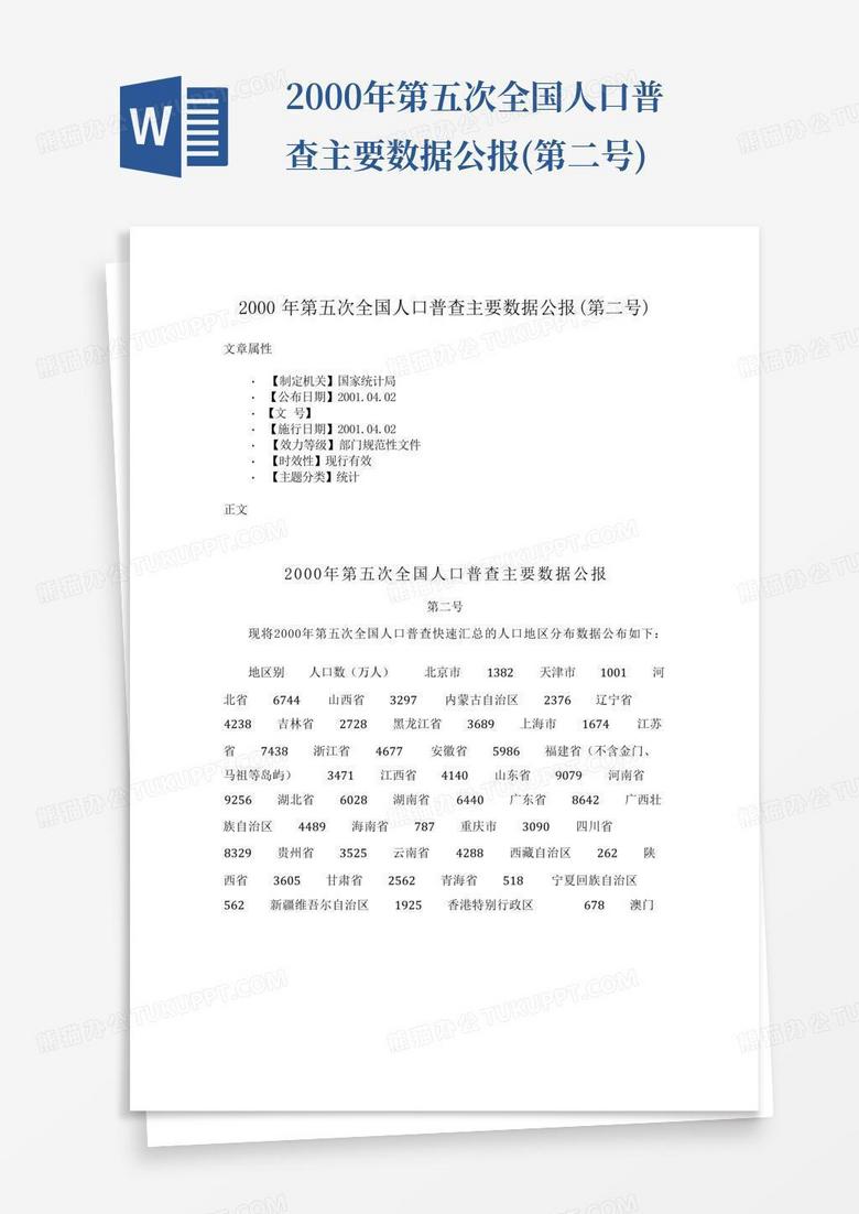 2000年第五次全国人口普查主要数据公报 第二号 Word模板下载 编号lrwkgpez 熊猫办公