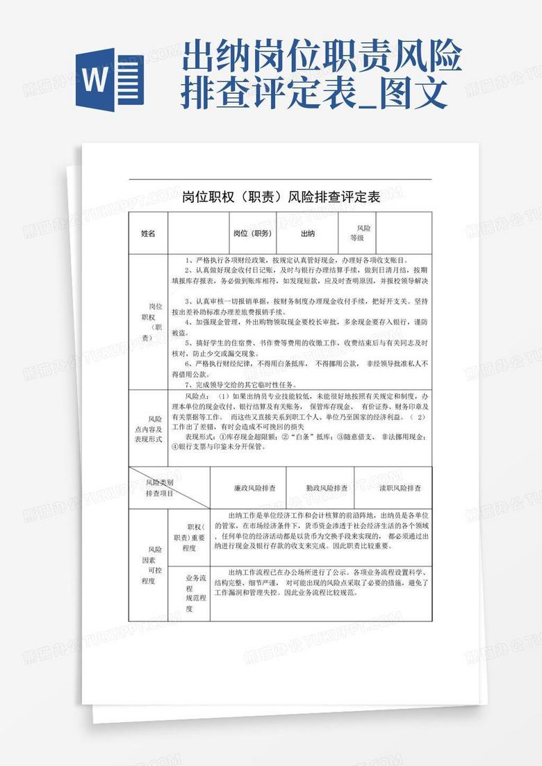 出纳岗位职责风险排查评定表 图文Word模板下载 编号lywjowme 熊猫办公
