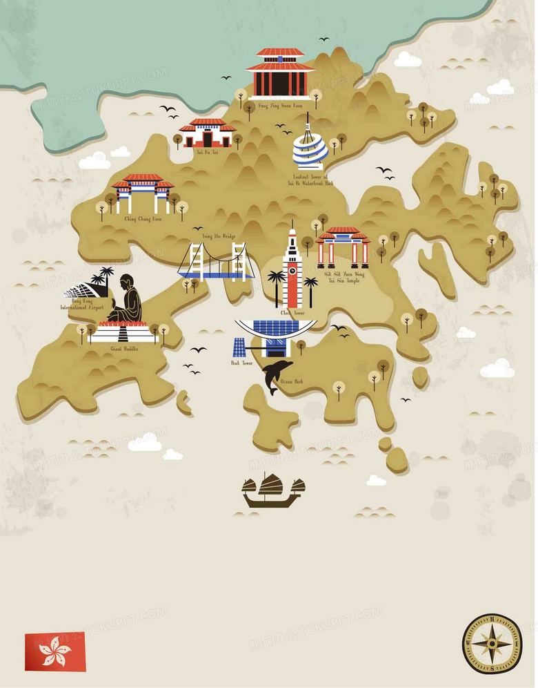 手绘矢量紫荆花旅游香港景点地图海报背景背景图片素材免费下载_熊猫办公