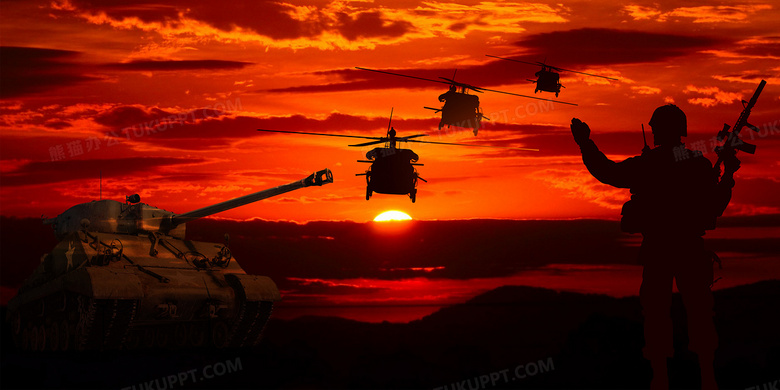 大气黄昏摄影图合成重武器坦克战斗机军事演习背景背景图片素材免费下载_熊猫办公