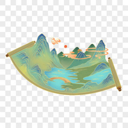 手绘国潮卷轴山水PNG图片素材下载_卷轴PNG_熊猫办公