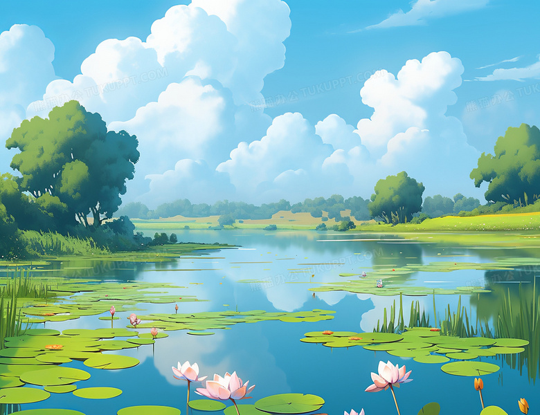 清新郊外的蓝天白云和荷花池插画图片素材下载_jpg格式_熊猫办公