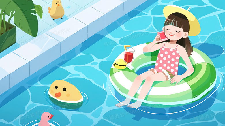 炎热的夏天可爱的泳装女孩躺在游泳池里晒太阳创意插画图片素材下载格式熊猫办公