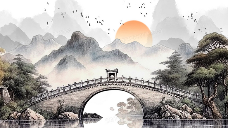 中国风山水桥国画水墨插画图片素材下载_psd格式_熊猫办公