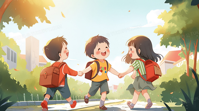 开学季卡通小学生手牵手一起上学插画图片素材下载_jpg格式_熊猫办公