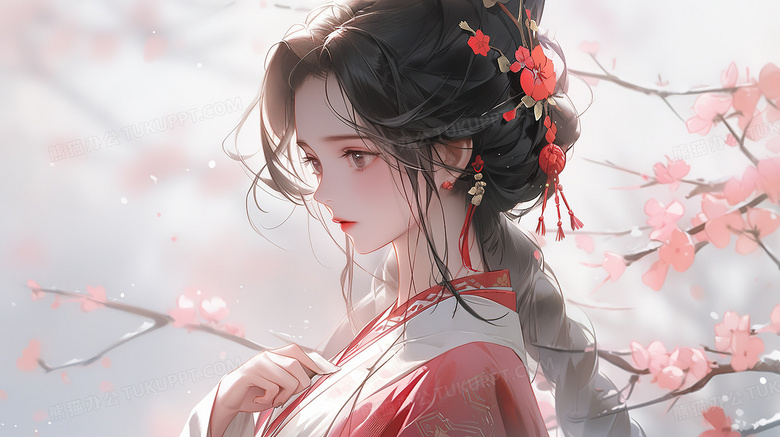 唯美古风美女冬日红色梅花和少女创意插画图片素材下载_jpg格式_熊猫办公
