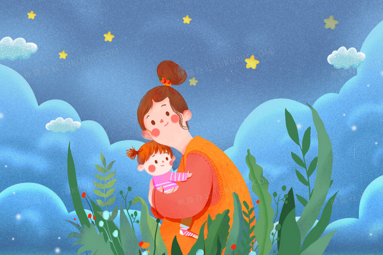 夜晚妈妈抱着孩子看星星插画图片素材下载_psd格式_熊猫办公