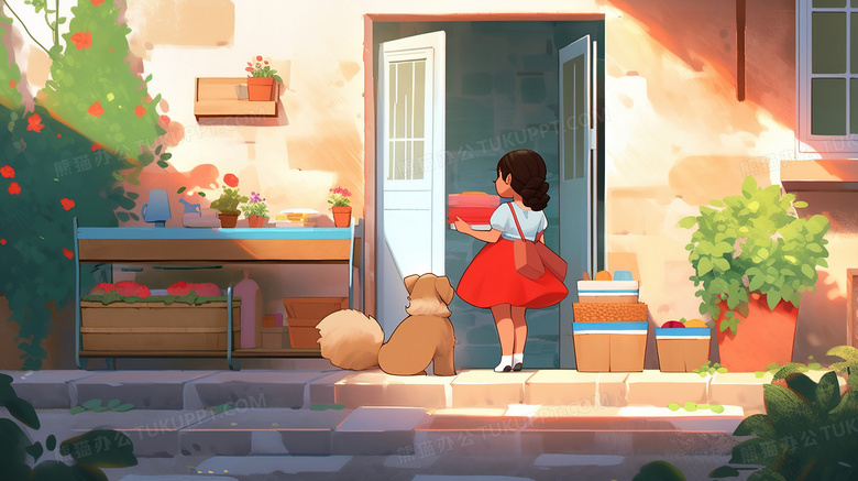 回家家门前的小女孩插画图片素材下载_jpg格式_熊猫办公