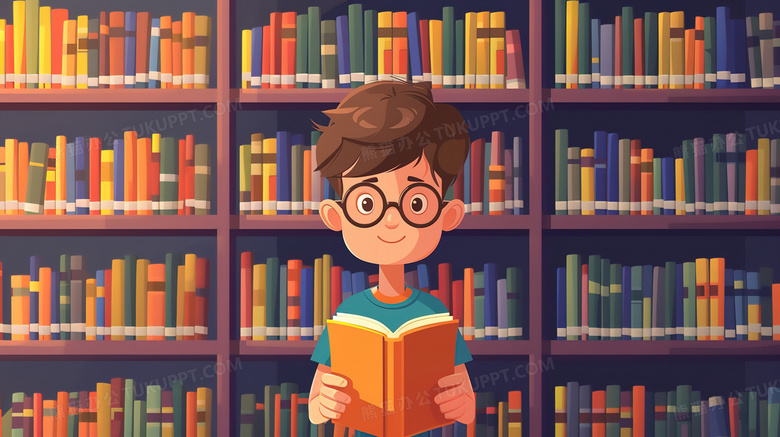 卡通图书馆读书的学生插画图片素材下载_jpg格式_熊猫办公