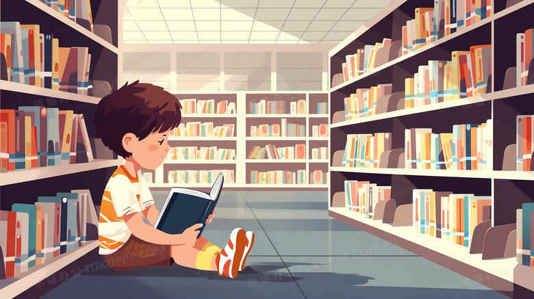 卡通图书馆读书的学生插画图片素材下载_jpg格式_熊猫办公